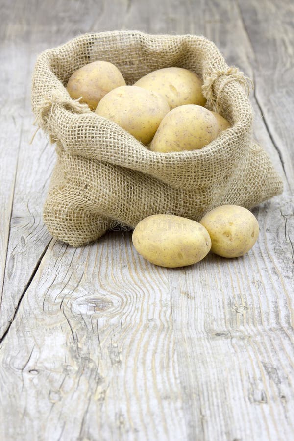 Raw potatoes in sack stock photo. Image of uncooked, iron - 18219124