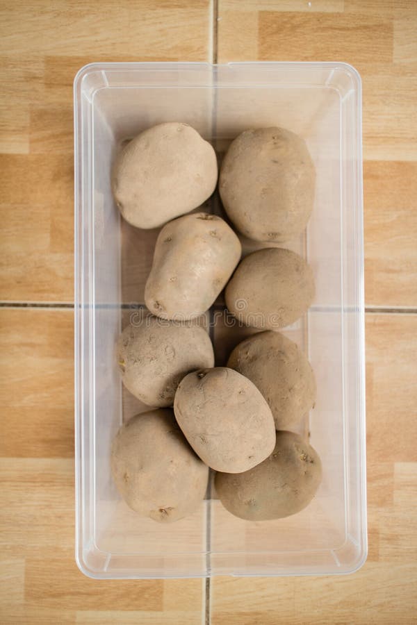 Raw Potatoes in a Plastic Container on Floor Stock Photo - Image of ...