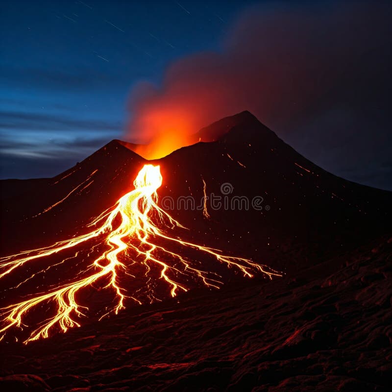 The Raw Power of an Active Volcano at Night Stock Illustration ...