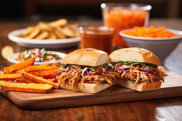 Raw Pulled Pork Next To a Prepared Sandwich on the Tabletop Stock Image ...