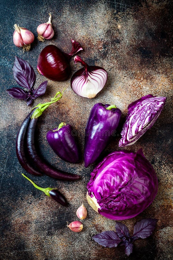 Raw Purple Seasonal Vegetables Over Rustic Background. Top View, Flat ...