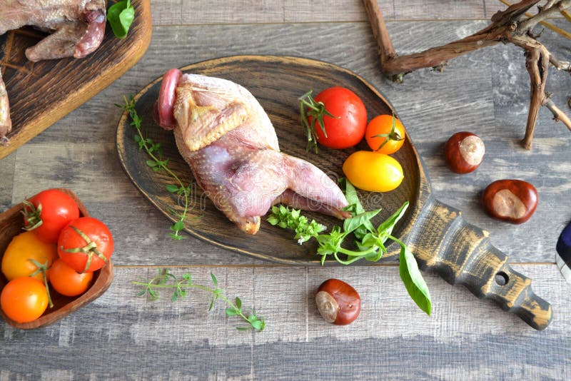 Raw Quails or Partridge in Pan on a Dark Background Stock Image - Image ...