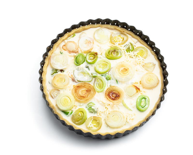 Raw Quiche with Leek and Cheese in Baking Form Isolated on White. Ready ...