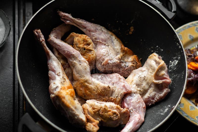 Raw Rabbit with Spices in a Pan. Cooking Stewed Rabbit Stock Image ...
