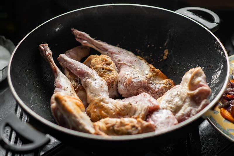 Raw Rabbit with Spices in a Pan. Cooking Stewed Rabbit Stock Image ...