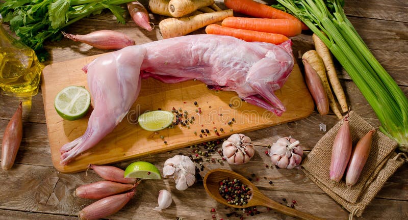 Raw Rabbit with Vegetables and Fresh Herbs on a Dark Rustic Back Stock ...
