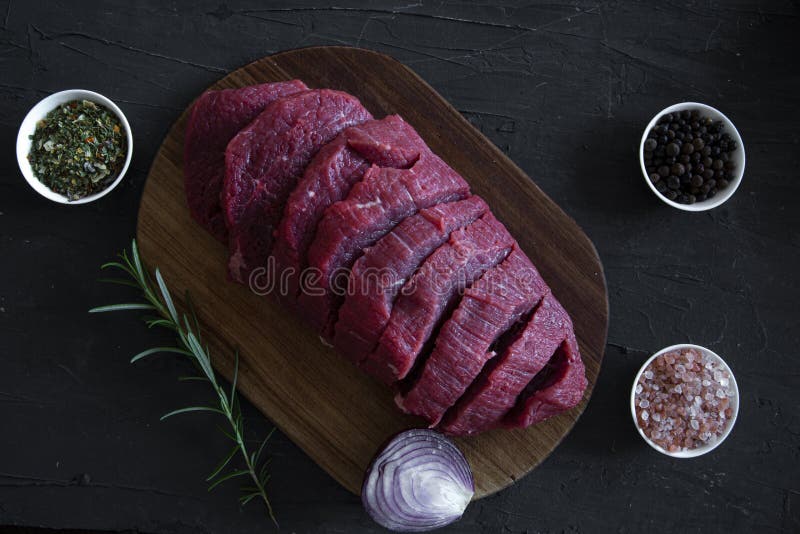 Raw Red Meat on Black Marble Textured Background Stock Image - Image of ...
