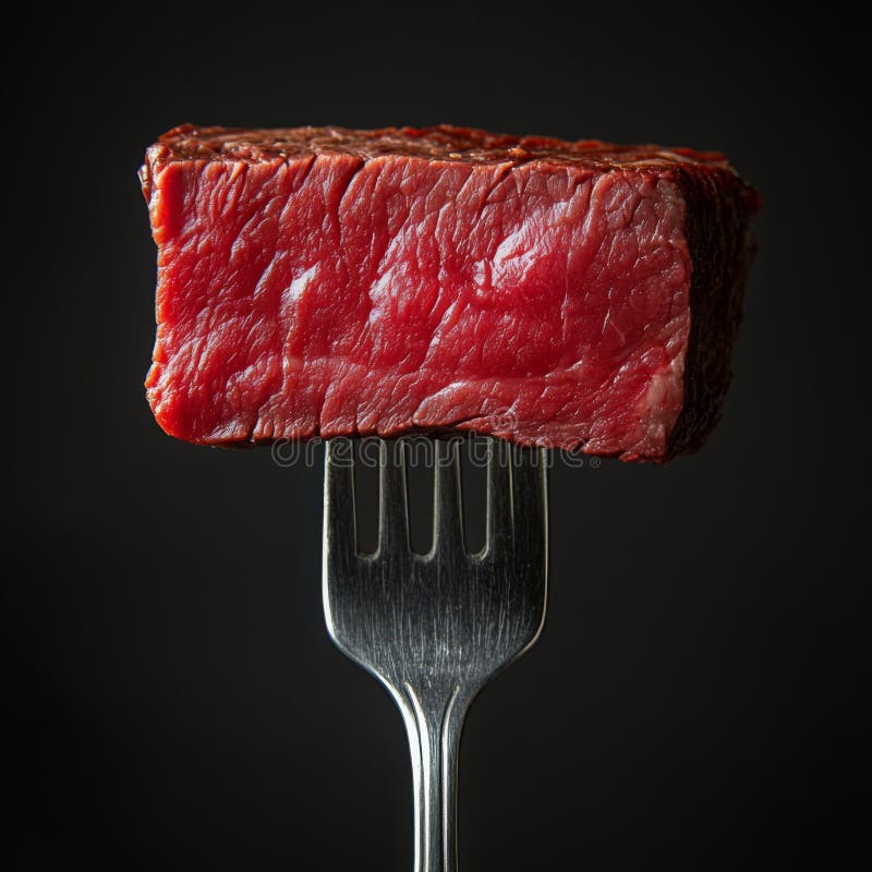 Raw Red Meat Cube on Fork Against Dark Background Stock Image - Image ...