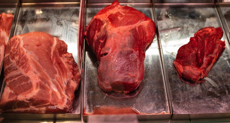 Raw Red Meat on Shelf in Supermarket Stock Image - Image of store ...