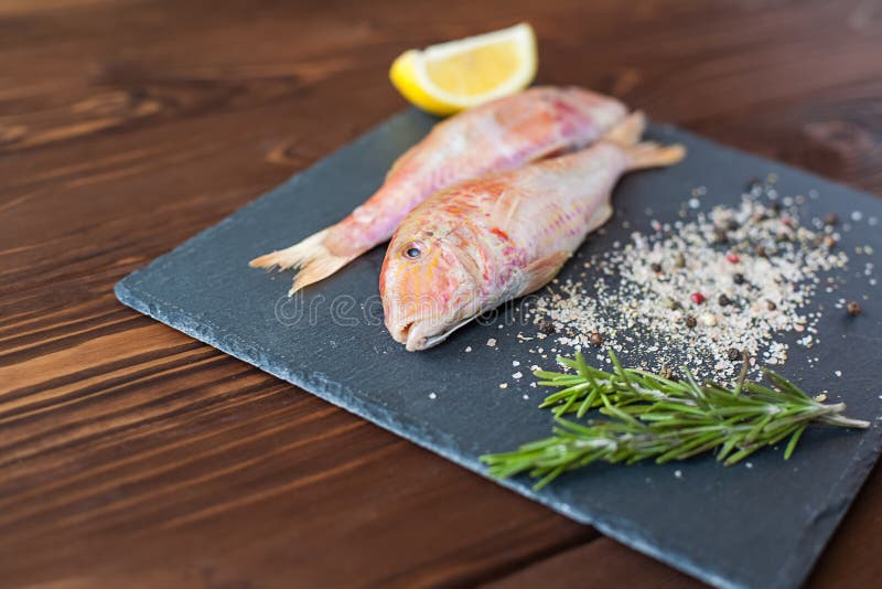 Raw Red Mullet on the Slate Tray Stock Photo - Image of healthy ...