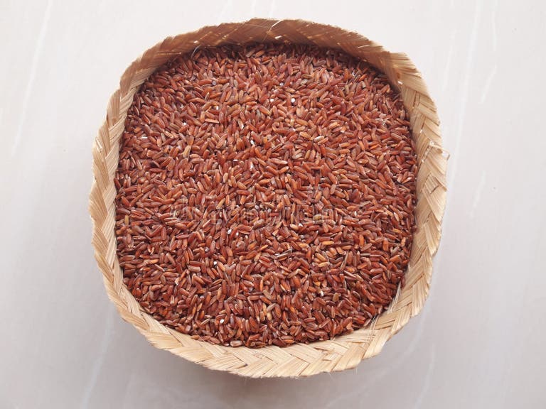 Grain Red Rice in the Bamboo Container Stock Photo - Image of grain ...
