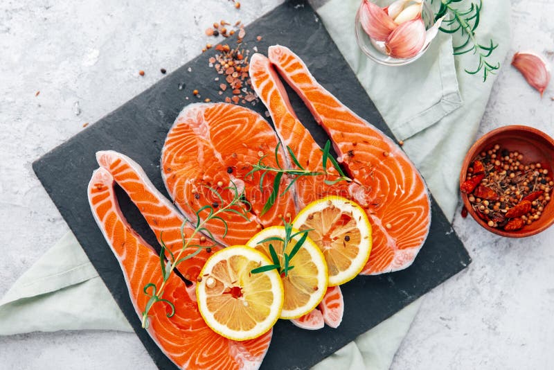 Raw Red Salmon Steaks on a Back Board. Stock Photo - Image of healthy ...