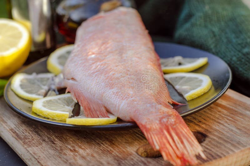 Raw Red Snapper on a Plate with Lemon Stock Photo - Image of rosemary ...
