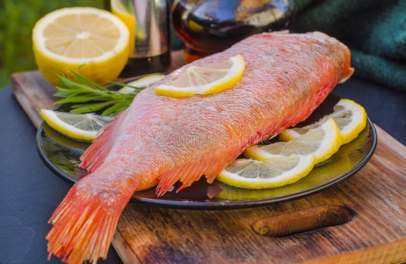 Raw Red Snapper on a Plate with Lemon Stock Photo - Image of nutritious ...