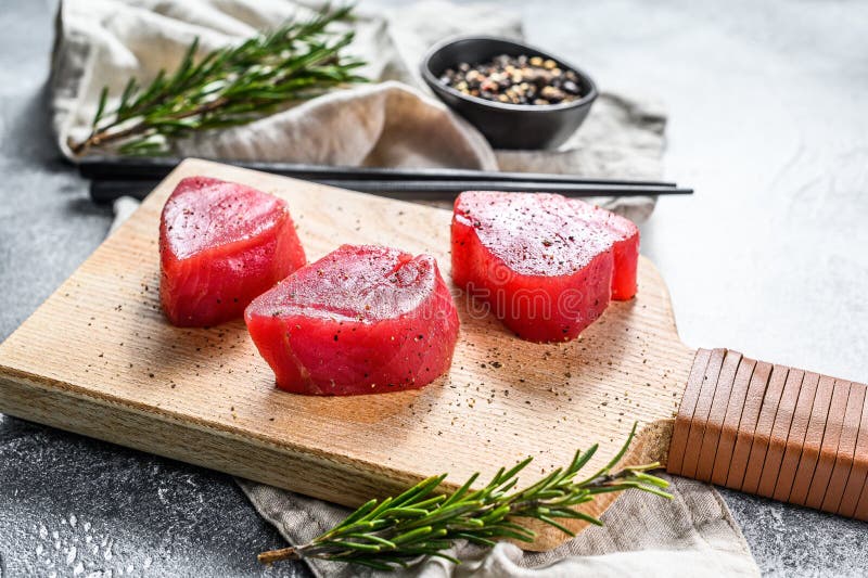 Raw Red Tuna Steak. Gray Background Stock Photo - Image of lunch, flank ...