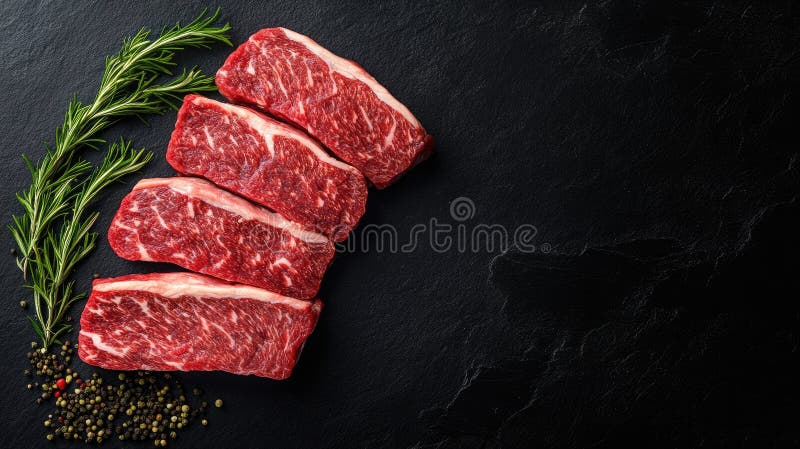 Raw Ribeye Steak Cuts with Rosemary and Pepper on Dark Surface Stock ...
