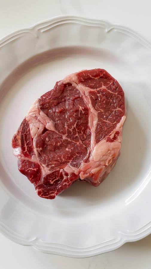 Raw Ribeye Steak on a White Plate, Top View. Fresh Meat Concept Stock ...