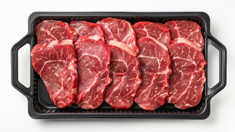 Raw Ribeye Steaks in a Black Plastic Tray on White Background Stock ...