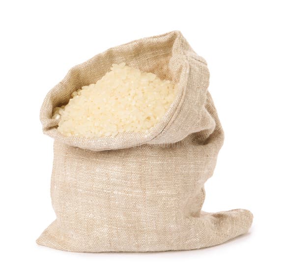 Raw Rice in Burlap Sack Isolated on White Stock Photo - Image of ...