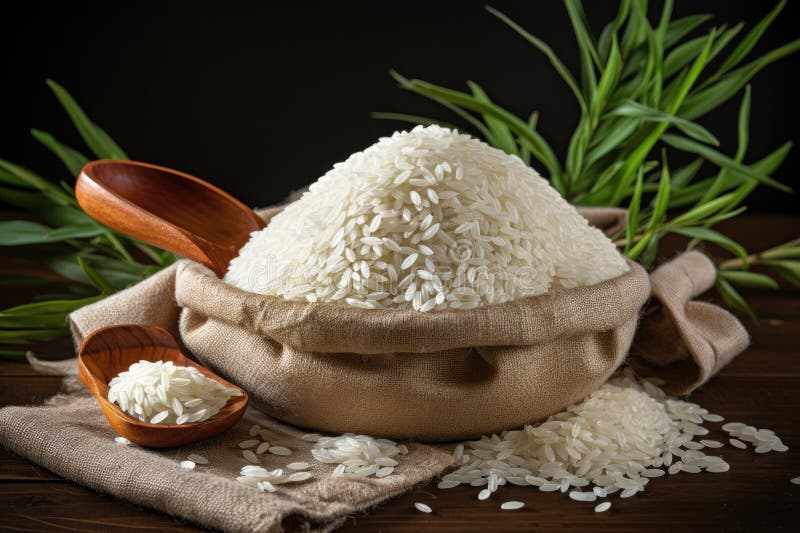 Raw Rice Grain and Dry Rice Plant on Wooden Table Stock Illustration ...