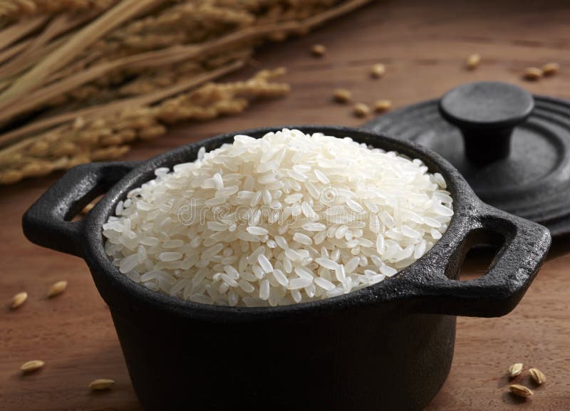 Raw Rice in a Pot on Wooden Background Stock Photo - Image of ...