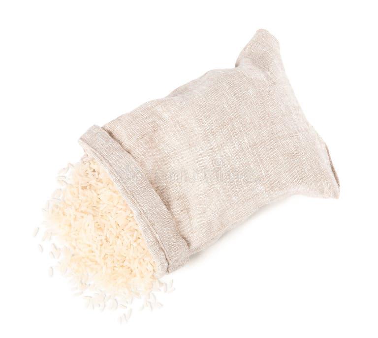 Raw Rice in Sack Isolated on White, Top View Stock Photo - Image of ...