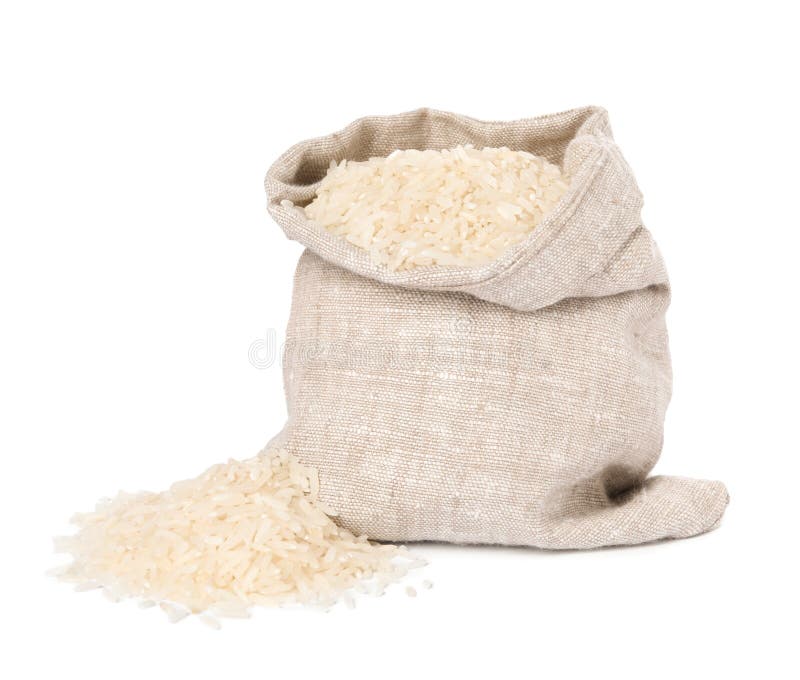 Raw rice in sack on white stock image. Image of crop - 386407711
