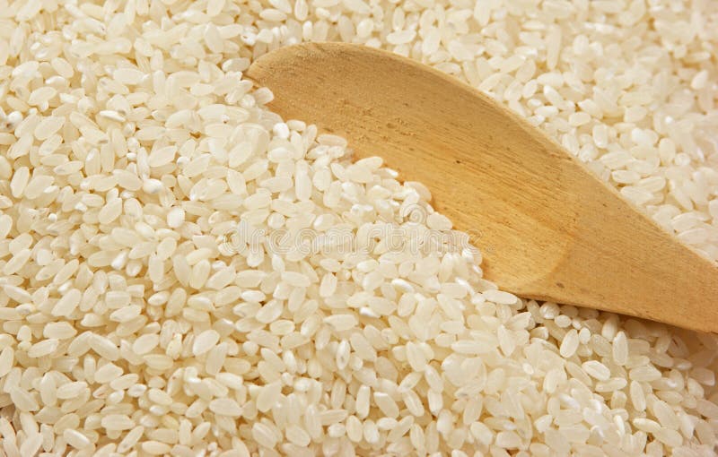 Raw rice and wooden spoon stock image. Image of color - 173011721