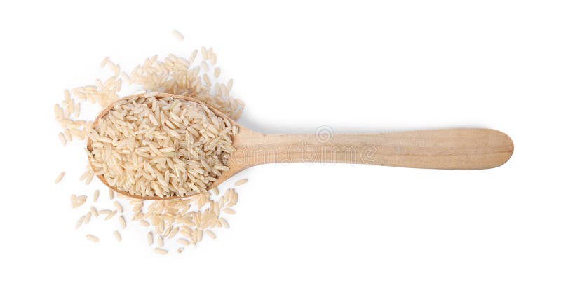 Raw Rice in Wooden Spoon Isolated on White, Top View Stock Image ...