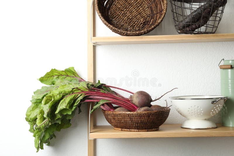 Raw Ripe Beets in Wicker Bowl on Shelf Indoors Stock Image - Image of ...