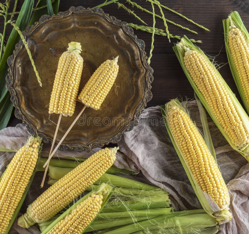 Raw Ripe Corn Cobs in a Round Copper Plate on a Wooden Table Stock ...