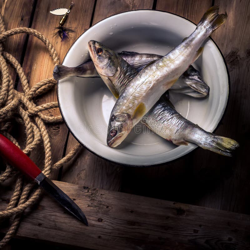 Raw River Fish,knife and Stripped Vest on Old Wooden Table. Stock Photo ...