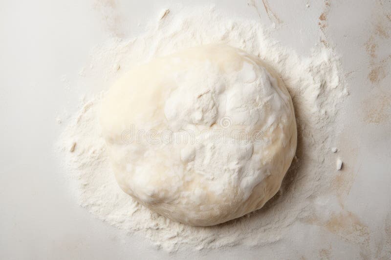 Raw Round-shaped Dough and Flour on Light Background, Top View Stock ...