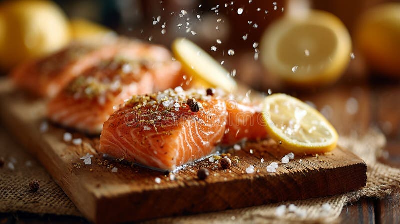 Raw Salmon Fillets with Lemon and Spices on Board Stock Illustration ...