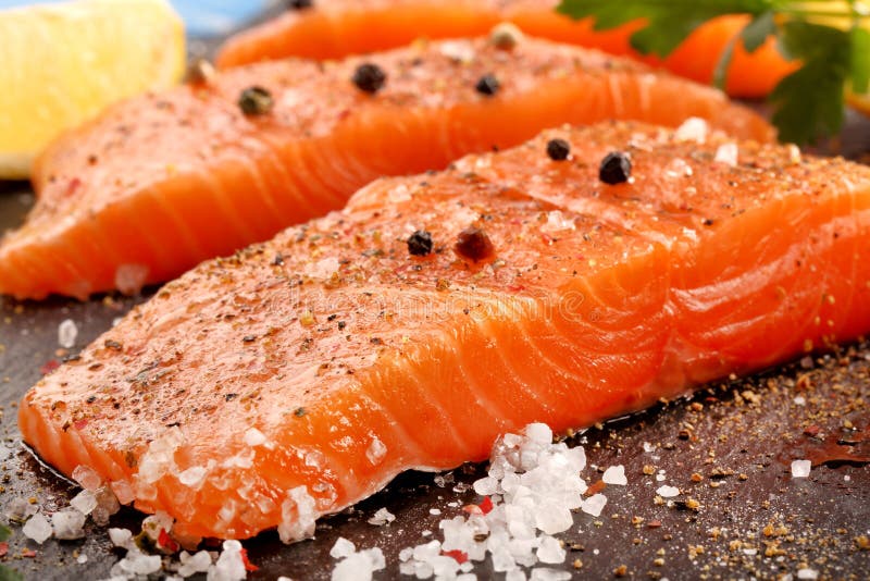 Raw Salmon with Herbs and Spices Stock Photo - Image of fried ...