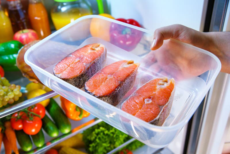 Raw Salmon Steak in the Open Refrigerator Stock Image - Image of casual ...