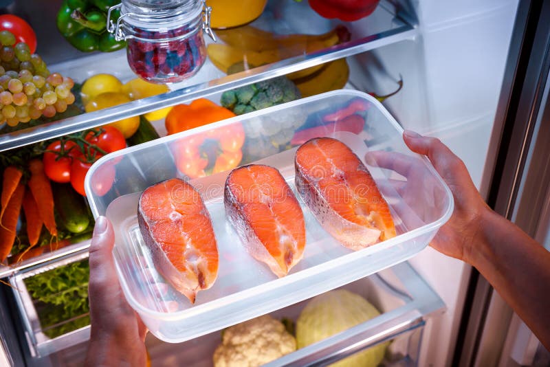 Raw Salmon Steak in the Open Refrigerator Stock Image - Image of choice ...
