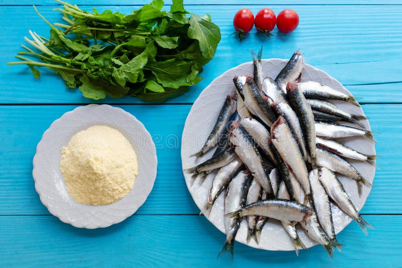 Raw Sardines, Vegetables and and Cornflour Stock Image - Image of lunch ...