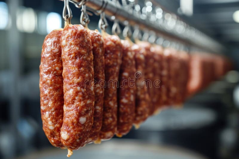Sausages Hanging in Production Line Stock Photo - Image of pork ...