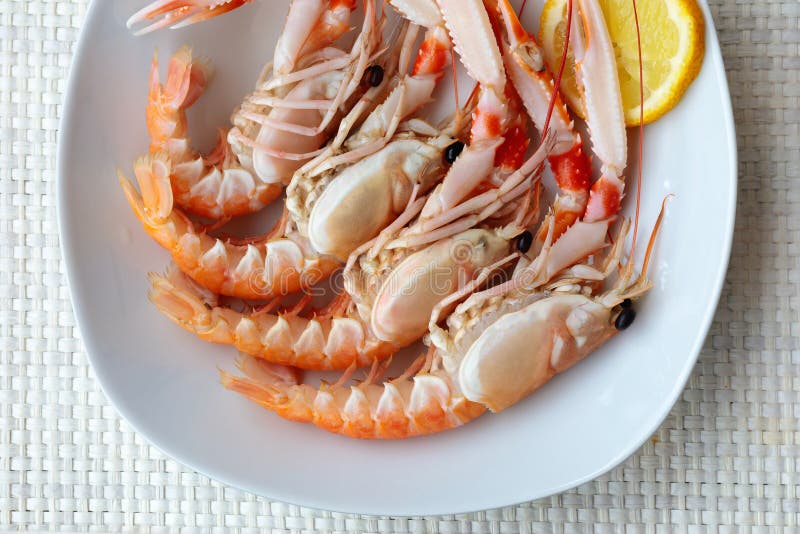 Raw scampi on the plate stock photo. Image of lemon - 148784500