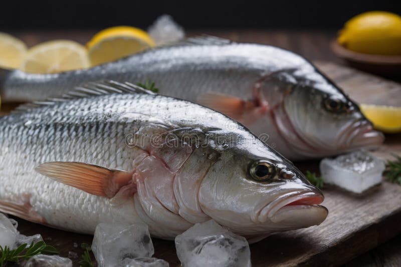 Raw Sea Bass Fish Fillets with Ice and Lemon. Stock Image - Image of ...