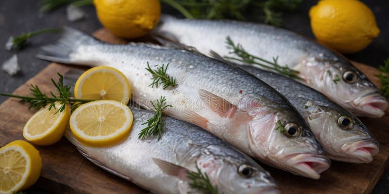 Raw Sea Bass Fish Fillets with Ice and Lemon. Stock Image - Image of ...