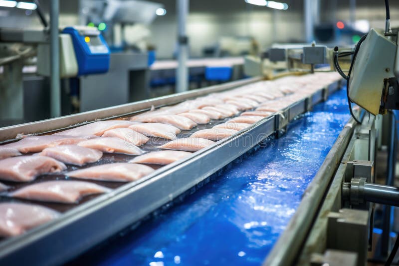Raw Sea Fish on a Factory Conveyor. Production of Canned Fish Stock ...