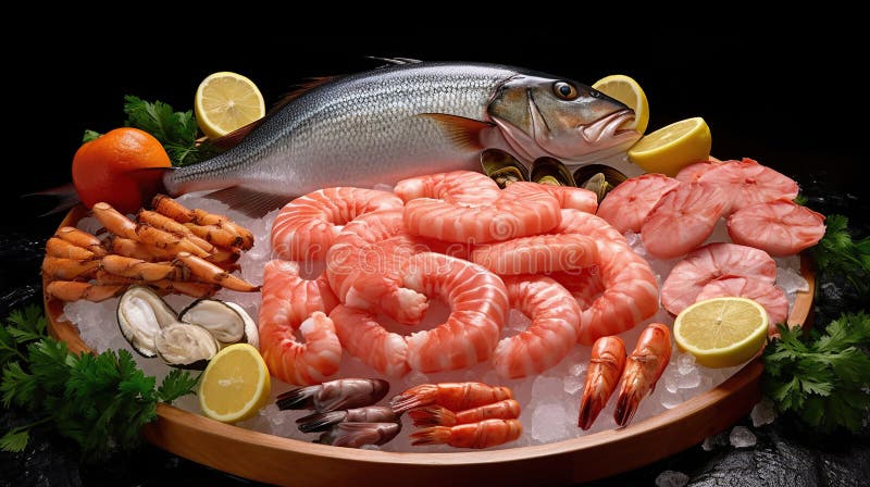 Raw Seafood Including Fish, Fish Fillets and Shrimp Generative AI Stock ...