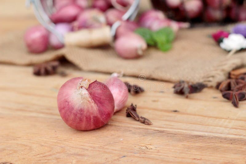 Raw Shallots for Cooking on Wood Background. Stock Image - Image of ...