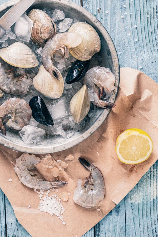 Raw Shellfish in Ice Plate. Clams, Mussels, Shrimp in Ice Cubes with ...