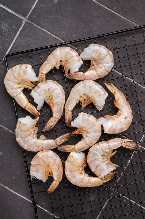 Raw Shrimps, Headless Fresh Prawns on a Rack. Top View Stock Image ...