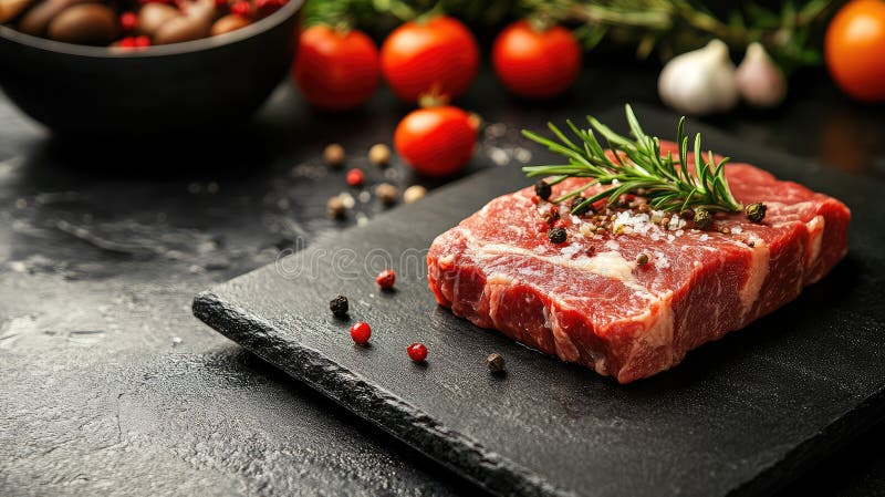 Raw Slab of Meat on Black Cutting Board Stock Photo - Image of cuisine ...