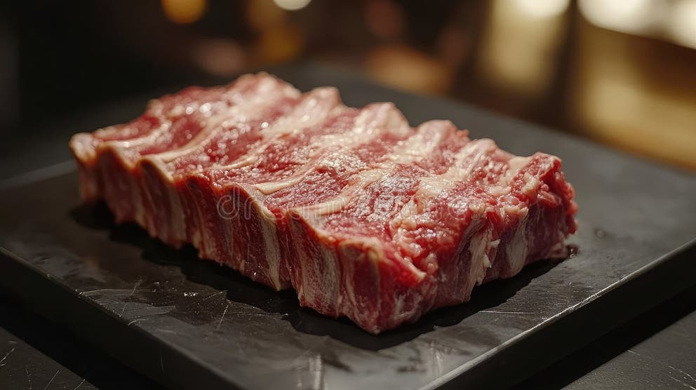 Raw Slab of Meat on Black Cutting Board Stock Photo - Image of ...