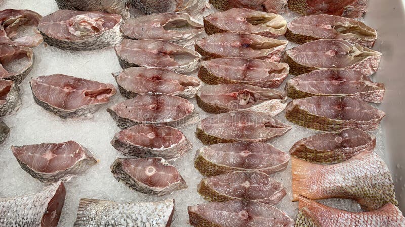 Raw Slices of Fish Displayed in Supermarket. Seafood Background Stock ...